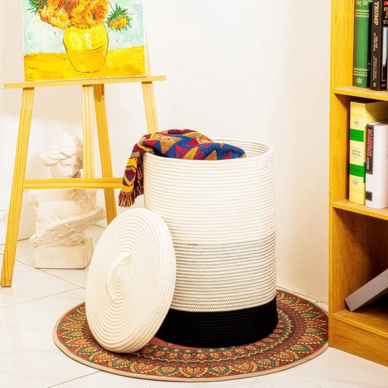 Gevlochten wasmand met deksel - Hoge mand voor kinderkamer - Groot rond ...