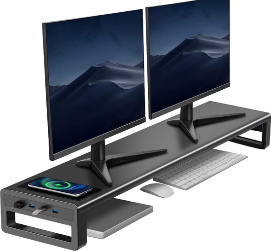 Dual Monitor Stand Riser met Draadloos Opladen en 4 USB Hub ...