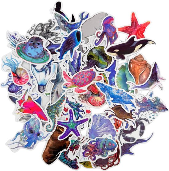 Zeedieren Stickers - 50 stuks - Walvis, Octopus, Vissen, Zeester, Kwal, Schildpad etc... | bol