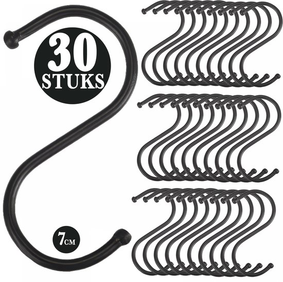 30 Stuks - Zwart Metaal S Vormige Haken - 7cm Lengte - Ophanghaken ...