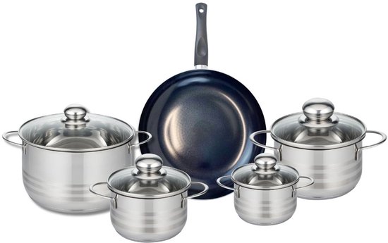 Set van 1 kookpan van 24 cm en 4 braadpannen van 12, 14, 16 en 20 cm ...