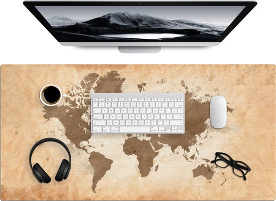 Bureau onderlegger 90x45 cm - Wereldkaart - Beige - Bruin - Muismat XXL ...