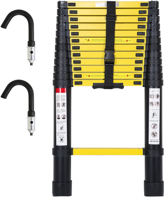 Telescopische Ladder - Telescoopladder - 3,8m zwart + haak, Compact en ...