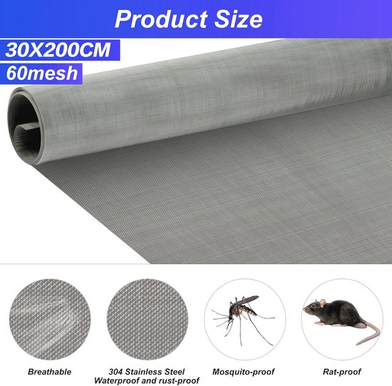 Fijnmazig RVS gaas 30x200 cm voor deuren en ramen - Muispreventie ...