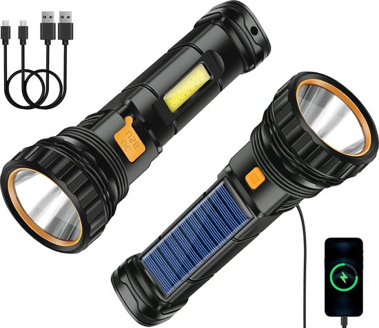 Solar LED Flashlight USB Rechargeable - Powerful Emergency Light. | bol