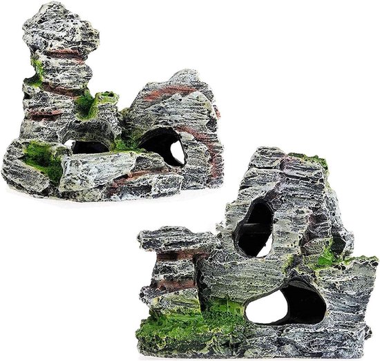 SNQ 2 stuks - aquarium rock cave decoratie met groen gras - voor vissen garnalen... | bol