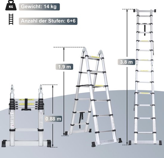 Telescopische ladder 3,8 m - Antislip aluminium, Belasting tot 150 kg ...