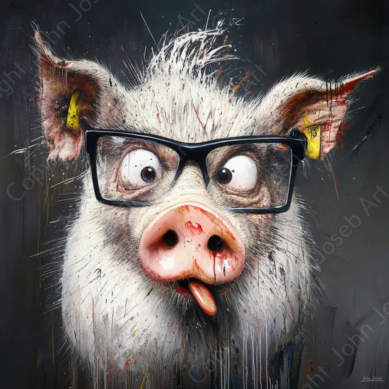 JJ-Art (Glas) 100x100 | Cochon fou, porcelet à lunettes, humour, drôle ...