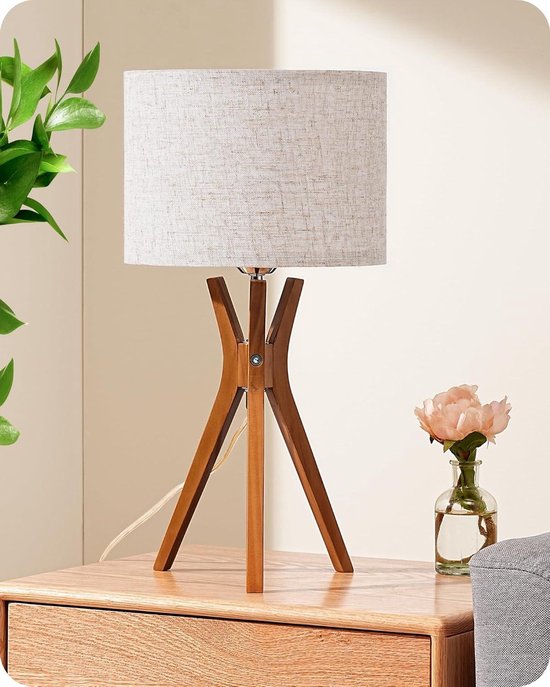 Houten LED tafellamp voor woonkamer - Vintage tafellamp met kabel en ...