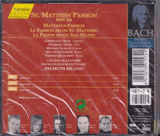 3CD St. Matthew Passion, BWV 244 - Johann Sebastian Bach - Gächinger Kantorei en... | bol