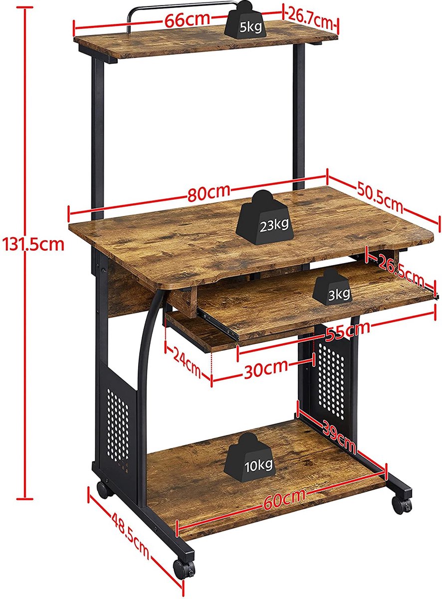 FURNIBELLA - Computertafel met plank, bureau, pc-tafel met wielen ...