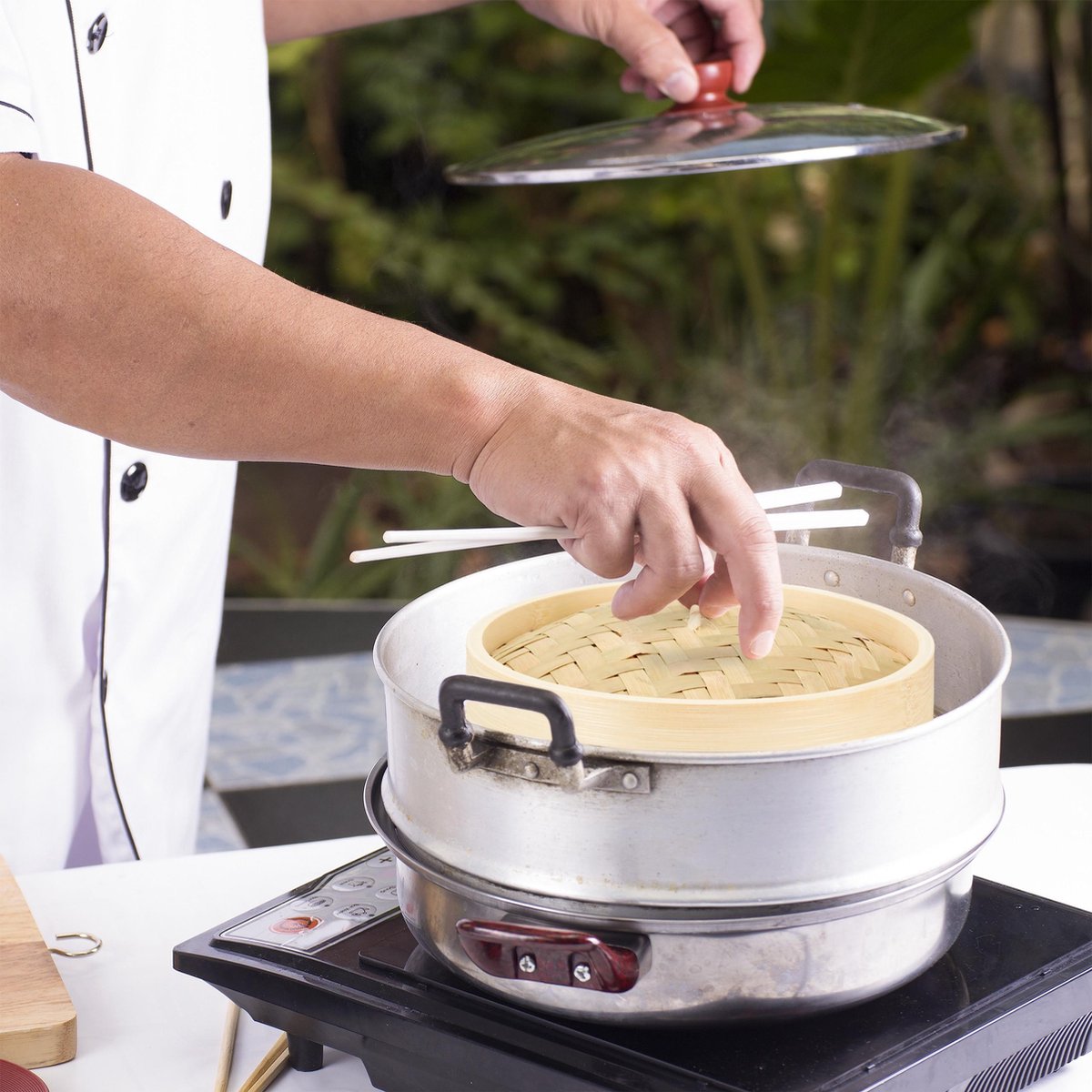 Relaxdays stoommand bamboe 24 cm - stoommandje met deksel - voor rijst ...