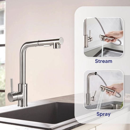 Keukenkraan met 360° Draaibare Keukenkraan met Uittrekbare Uitloop Met uittrekbare... | bol