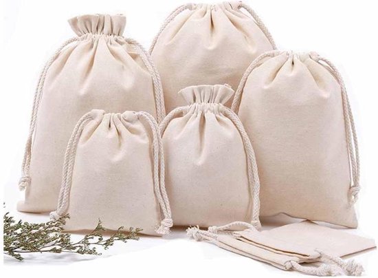 Katoenen stoffen zakjes met trekkoord - Set van 10 stuks - 17 x 23 cm | bol