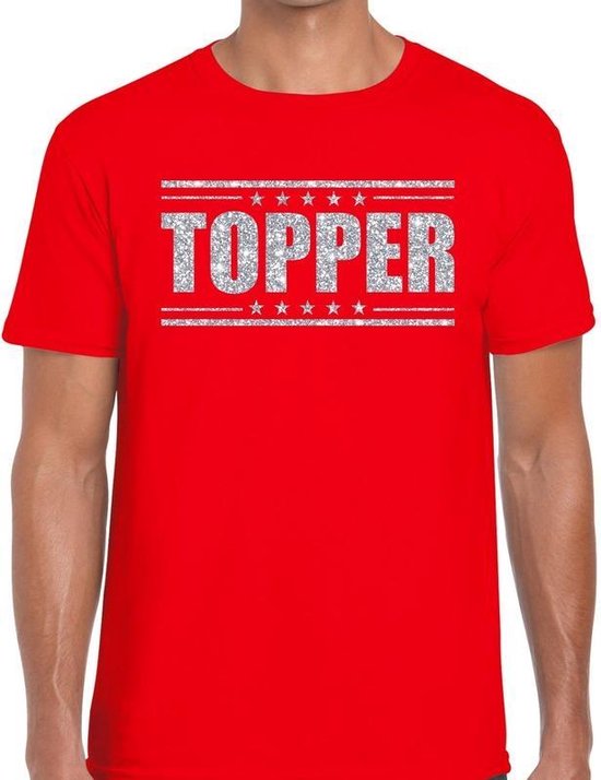 Toppers Rood Topper shirt in zilveren glitter letters heren - Toppers ...