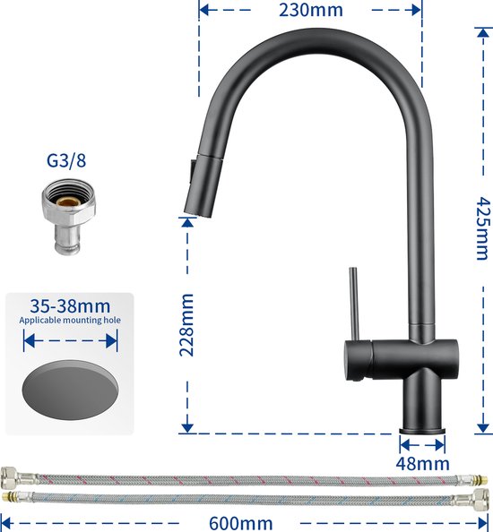 CECIPA max Zwart keukenkraan - Keukenkraan Met Uittrekbare Uitloop - 2 straalsoorten... | bol