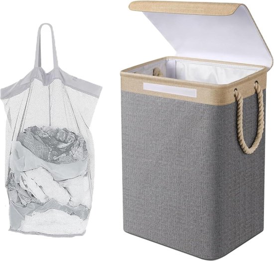 Opvouwbare wasmand 76L met afneembare tas - deksel en handvat - kaki en grijs | bol