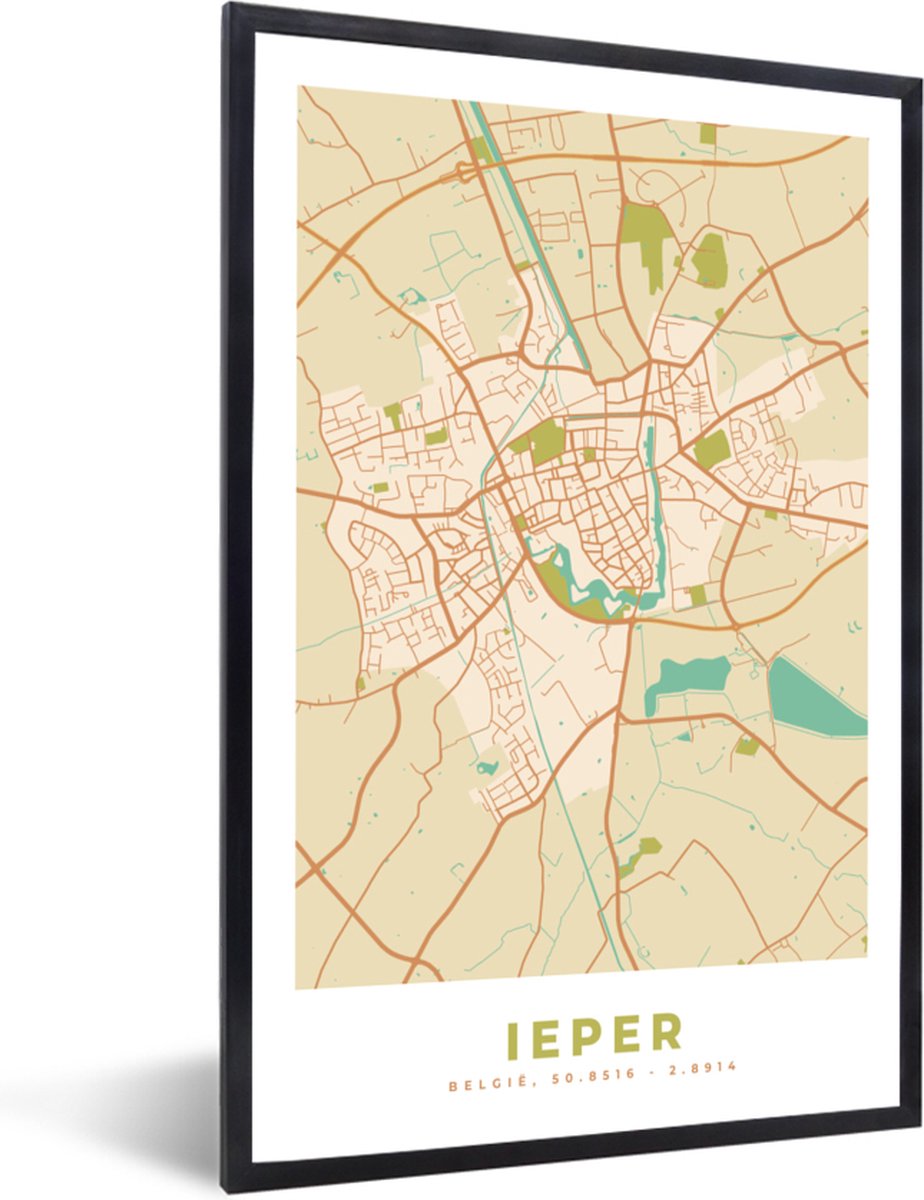 Fotolijst incl. Poster - Stadskaart - Ieper - Kaart - Vintage ...
