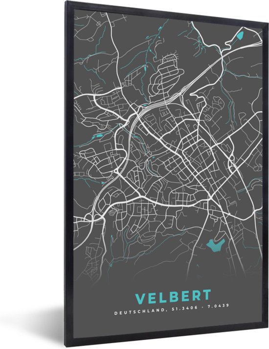 Fotolijst incl. Poster - Plattegrond – Velbert – Blauw – Stadskaart ...