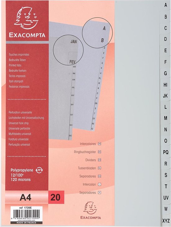 Exacompta tabbladen voor ft A4, uit PP, van A tot Z, 20 tabs, grijs 20 ...