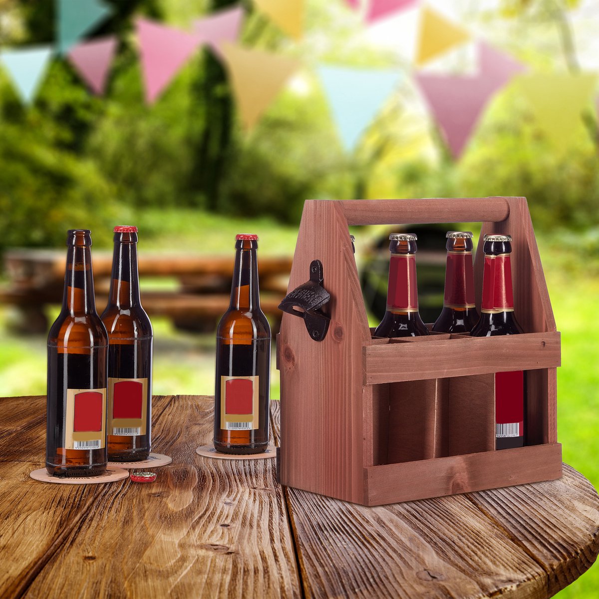 Relaxdays bierdrager - bierhouder 6 flessen - met flesopener - biertray ...