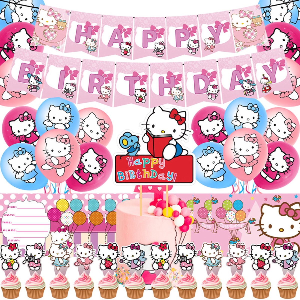 TDR- Set de Décoration' anniversaire Hello Kitty - Cartes d'invitation ...