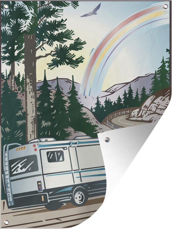 Illustration d'un campeur sur une route de montagne affiche de jardin ...