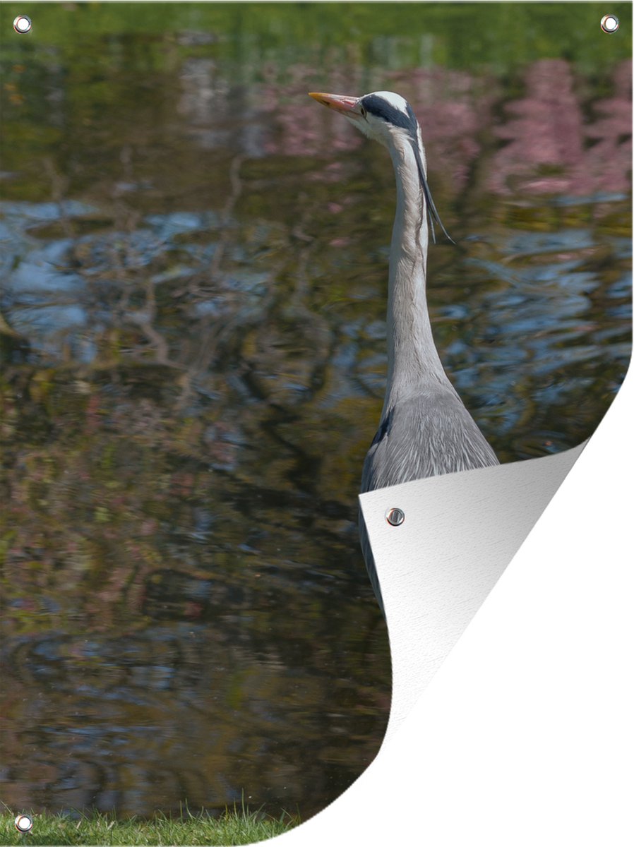 Tuin decoratie Een groene reiger bij een vijver - 30x40 cm - Tuindoek ...