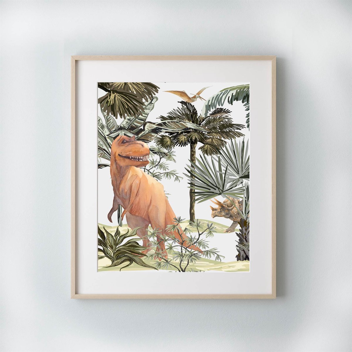 Postercity - Poster Dinosaurus t-rex en triceratops in jungle aquarel ...
