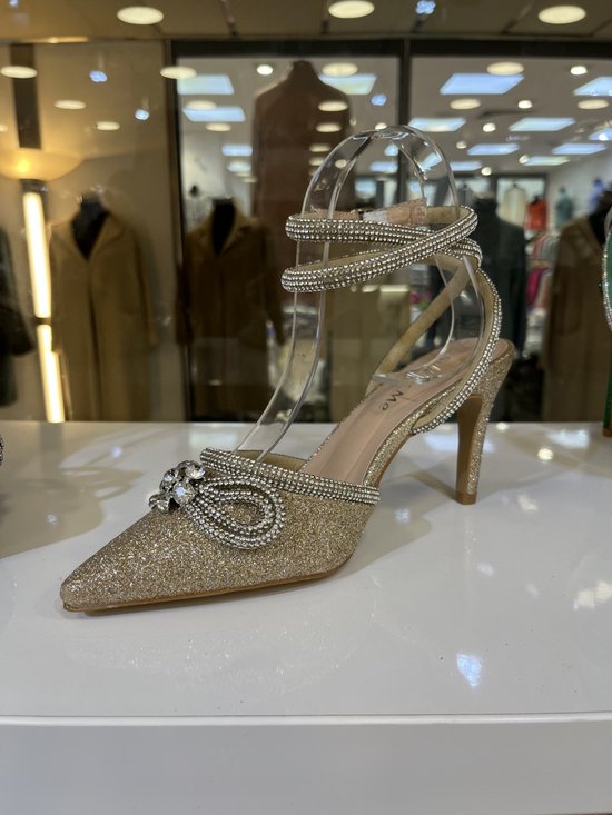 -DAMES HAKKEN GOUD - PUMPS - MUILTJES MET STRIKDETAIL - HOGE HAKKEN ...