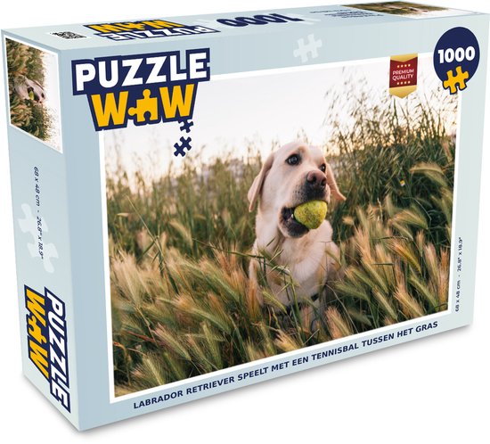 Puzzel Labrador Retriever speelt met een tennisbal tussen het gras ...