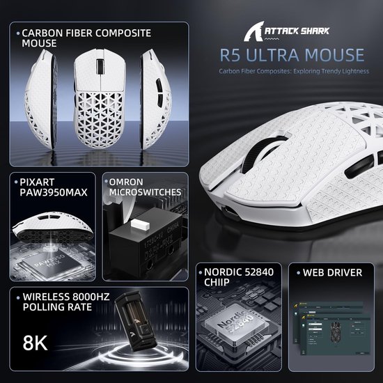 ATTACK SHARK R5 Ultra - Draadloze Gaming Muis - PAW3950 MAX - Koolstof ...