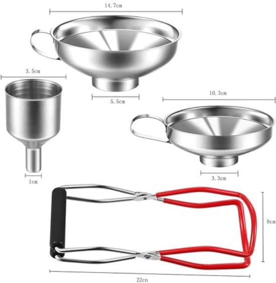 Set van 4 RVS Trechters - Inclusief Handgreep en Tang voor Jam, Kruiden ...