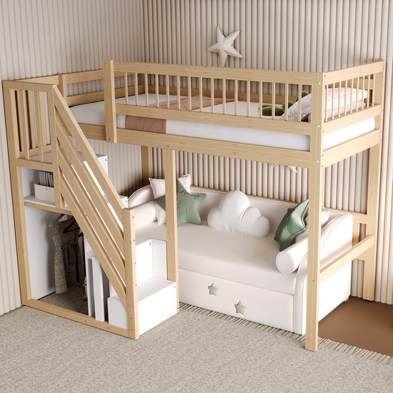 Sweiko Hoogslaper - 90 x 200 cm - Met opbergruimte - Houten kinderbed ...