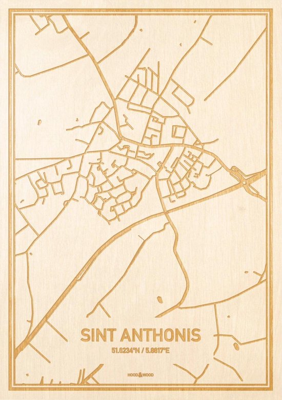 Kaart Sint Anthonis - Gegraveerde stadskaart Hood&Wood - Hout, A4 | bol.com