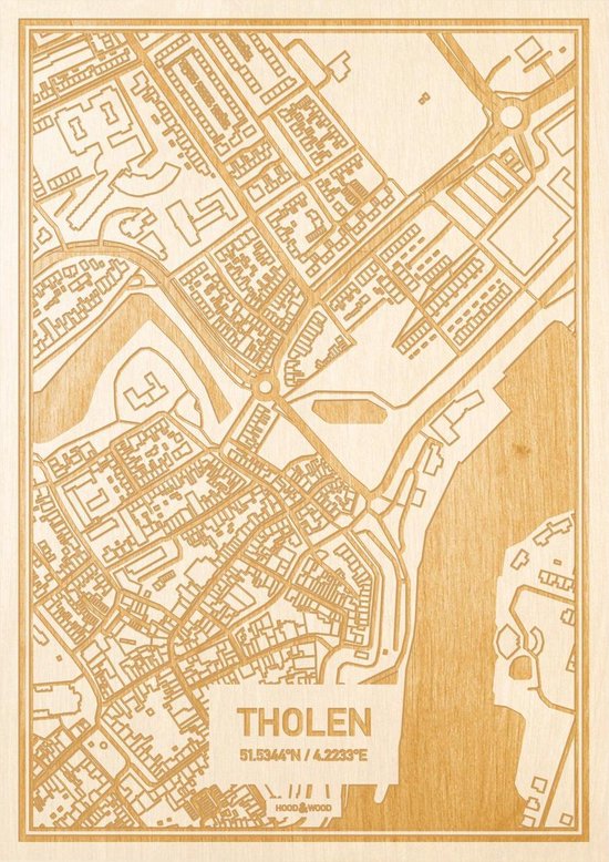 Kaart Tholen - Gegraveerde stadskaart Hood&Wood - Hout, A4 | bol.com