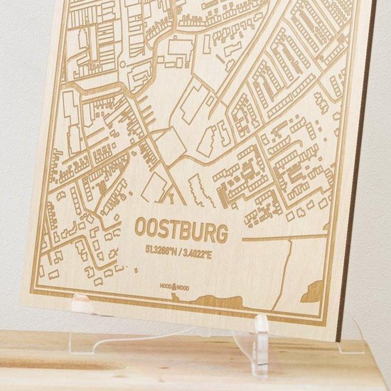 Kaart Oostburg - Gegraveerde stadskaart Hood&Wood - Hout, A4 | bol.com