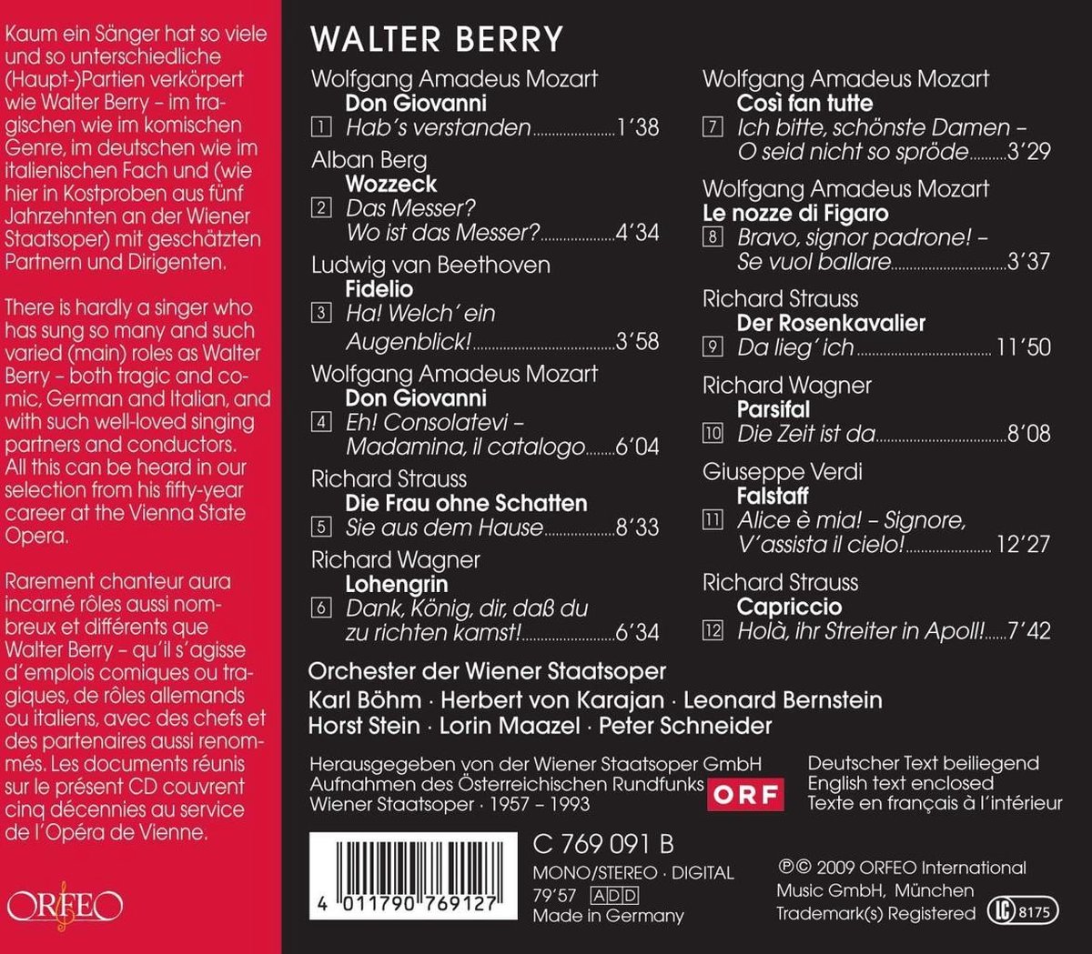 Walter Berry Sings Various Arias, Orchester der Wiener Staatsoper | CD ...