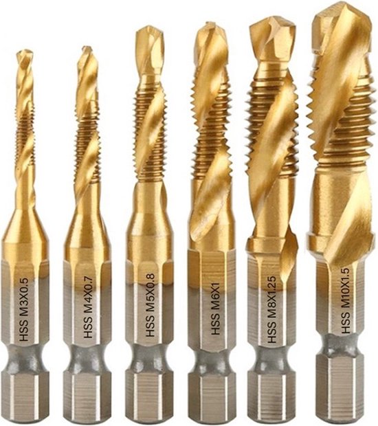6-delig Boortap set - Titanium coating - Bit boor tap en verzinken set ...