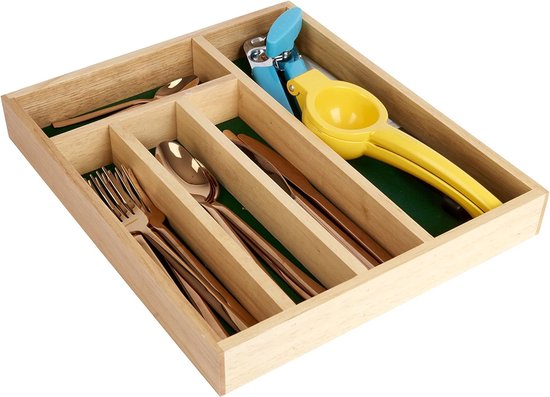 Bestekbak, hout met groene vilt, 5 vakken, 36 cm x 31 cm x 4,5 cm | bol