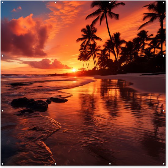 Tuin poster Zonsondergang - Palmbomen - Strand - Zee - Horizon ...