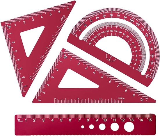 4 Pieces Red Geometric Tools - Set of Metal Ruler Aluminium for Drawing ...