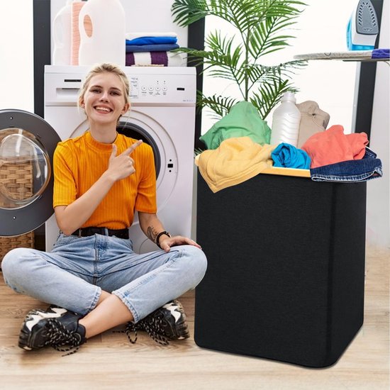 Wasmand met deksel, 80L wasverzamelaar smal met waszak groot opvouwbaar ...