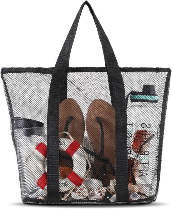 Strandtas - Grote mesh handtas met ritssluiting en waterdichte voering, zwart 47 x 45... | bol