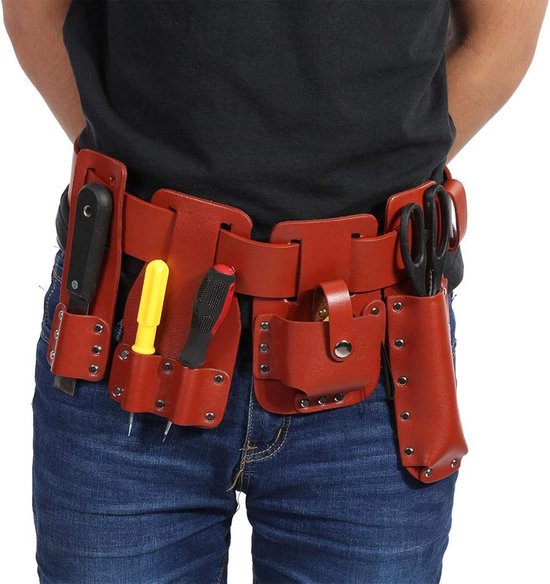 Tool bag, dark red leather with 4 movable tool holders Belt type design ...