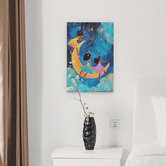 Artaza Canvas Schilderij Drie Meisjes op een Halve Maan - 20x30 cm ...