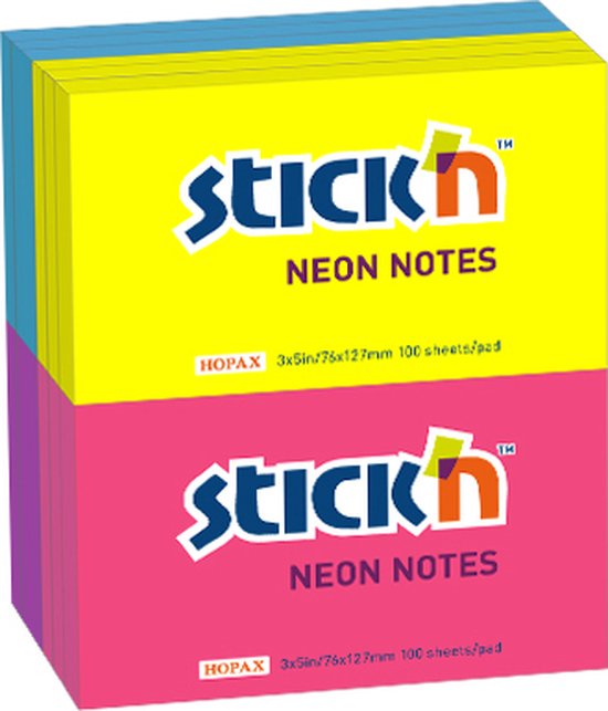 Stick'n Memoblok - Sticky Notes - 76x127mm - Neon Geel/Magenta/Groen ...