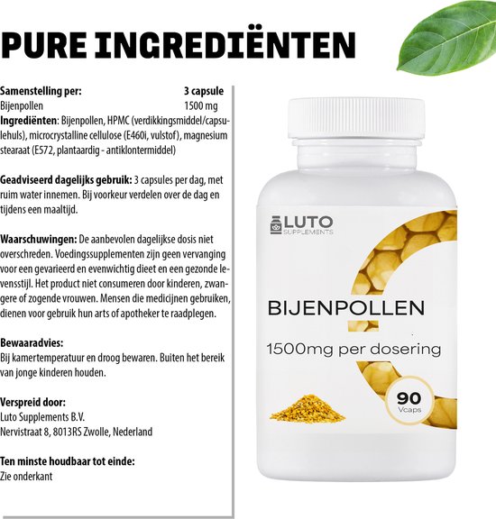 Bijenpollen Stuifmeelkorrels 90 Vegetarische Capsules 1500mg Per bijenpollen-stuifmeelkorrels-90-vegetarische-capsules-1500mg-per
