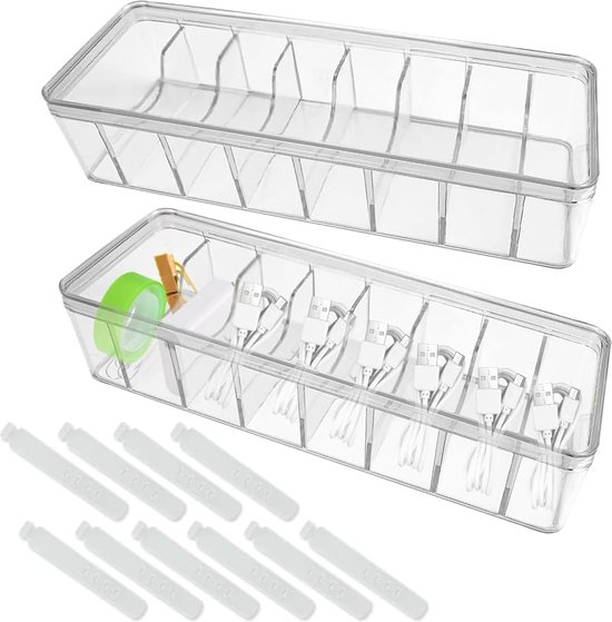 Bastix - Kabelopbergdoos, 2 stuks kabelorganizer, box met 8 vakken met ...