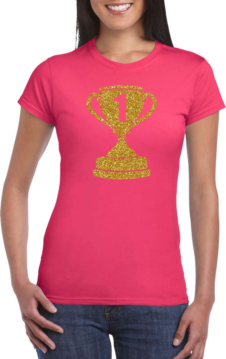 Gouden kampioens beker / nummer 1 t-shirt / kleding - roze - voor dames ...